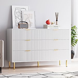 IDEALHOUSE White 6 Drawer Dresser for Bedroom, 56” Wide Wood Dresser Organizer with Metal Legs, Modern Chest of Drawers for Bedroom, Hallway, Home Office