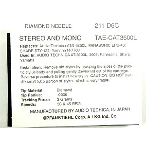 Pfanstiehl Phonograph Needle For Audio Technica AT3600L ATN3601 Panasonic EPC-36, EPS-43, 75SMHD, EPS-43STSD, EPS-75STHSD, Sharp STY-123, Yamaha N-7700