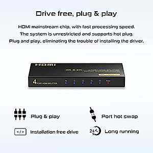 4K HDMI Splitter 1 in 4 Out, HDMI Splitter 1 Input 4 Output Support 4K 60Hz Full HD 1080P and 3D, Compatible with Xbox PS3/4 Roku Blu-Ray Player