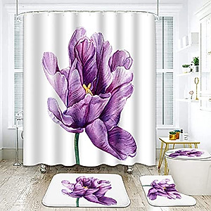 Lilac Flower Bathroom Sets with Shower Curtain and Rugs and Accessories,Purple Tulips Shower Curtain Sets,Blossom Floral Vintage Shower Curtains for Bathroom,Spring Floral Bathroom Decor 4 Pcs