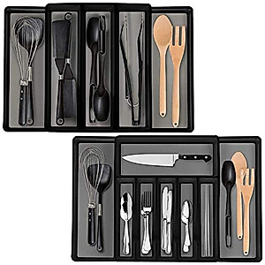 ELTOW Expandable Silverware Drawer Organizer & Utensil Tray Set, Non-Slip Kitchen Drawer Organizers and Storage, Kitchen Organization for Utensils, Cutlery, Office Supplies, Flatware Storage - Black