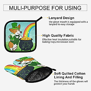 FFYHO St. Patrick's Day Oven Mitts & Pot Holders 2pcs Cute Corgi Dog Kitchen Heat Resistant Non-Slip Potholders Set for Women Cooking Baking BBQ