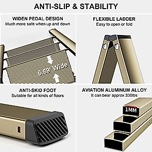 3 Step Ladder Aluminum Lightweight Folding Step Stool Wide Anti-Slip Pedal 330 Lbs Capacity Household Office Portable Stepladder,Champagne Gold