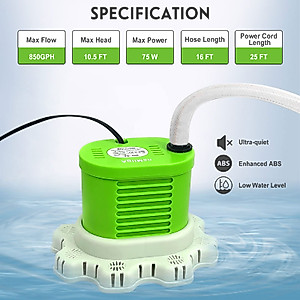 AgiiMan Pool Cover Pump Above Ground - 850 GPH Submersible Water Pump for Pool Draining, Portable Small Sump Pumps with 16' Drainage Hose and 25' Power Cord, 3 Adapters, Green
