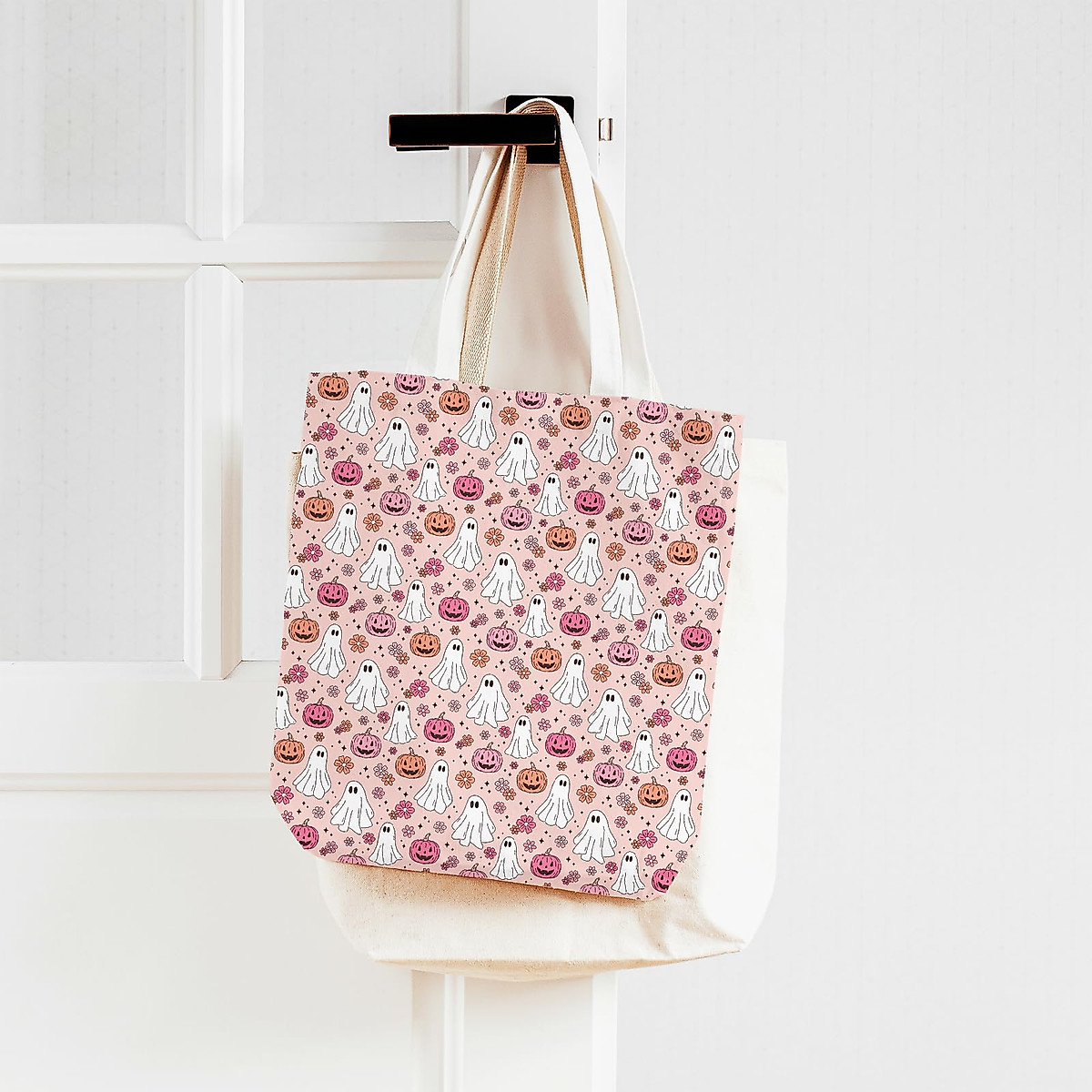 JarThenaAMCS 12Pcs Halloween Cotton Fabric Bundles 18 x 22 Inch Pumpkin Ghost Flower Fat Quarters Pink Black Holiday Sewing Fabrics for DIY Craft Party Decor