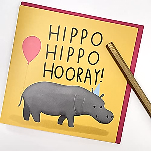 Old English Co. Hippo Hooray Birthday Card for Him or Her - Funny Birthday Card Animal Pun Design | For Brother, Son, Daughter, Sister, Friend | Blank Inside & Envelope Included