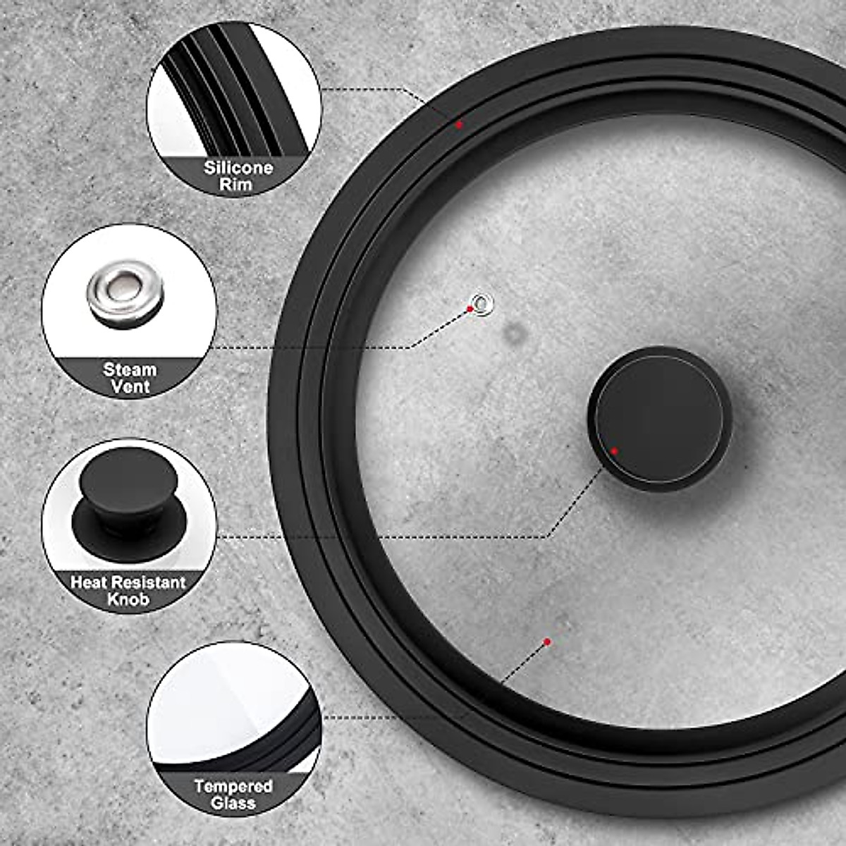 Universal Lid for Pots, Pans and Skillets - Tempered Glass Lid with Heat Resistant Silicone Rim Fits 10" - 12" Diameter Cookware, Replacement Lid for Frying Pan and Cast Iron Skillet(10"11"12")