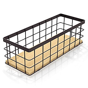 Brown Small Metal Wire Storage Basket, Detachable Wood Base, Cabinet Organization and Storage, for Pantry, Snack Drawer, Kitchen Cabinets, Bathroom