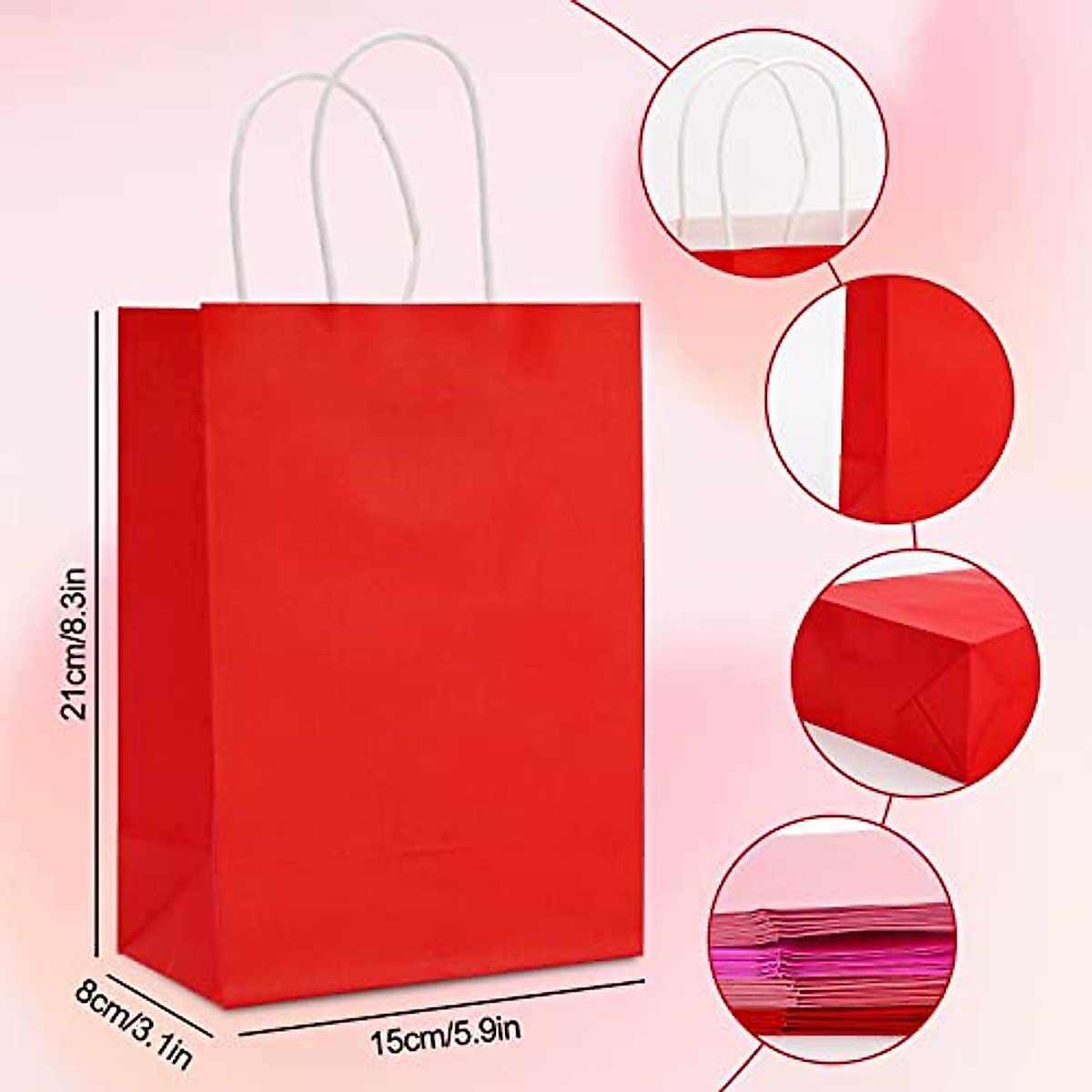 Whaline Pink Bulk Kraft Party Gift Bags with Tissue Paper Pink Paper Bags with Handles Reusable Gift Bag Grocery Goodie Bag for Valentine's Day Birthday Baby Shower Wedding Party Supplie