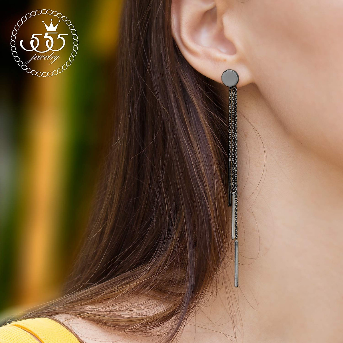 555Jewelry Womens Stainless Steel Chic Stylish Triple Bar Tassel Long Chain Drop Dangle Dangling Earring Pair Classic Fashion Accessory Jewelry Post Nut Earrings, Black