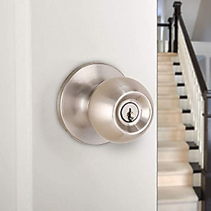 Amazon Basics Exterior Door Knob With Lock, Standard Ball, Satin Nickel