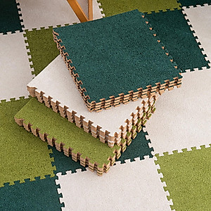 24 Pcs Thickened 0.4 Inch Interlocking Floor Mat,Plush Puzzle Foam Carpet Tiles,Fluffy Square Area Rug,Playmat,Space Saving,12x12 Inch(Color:Green+Dark Green)