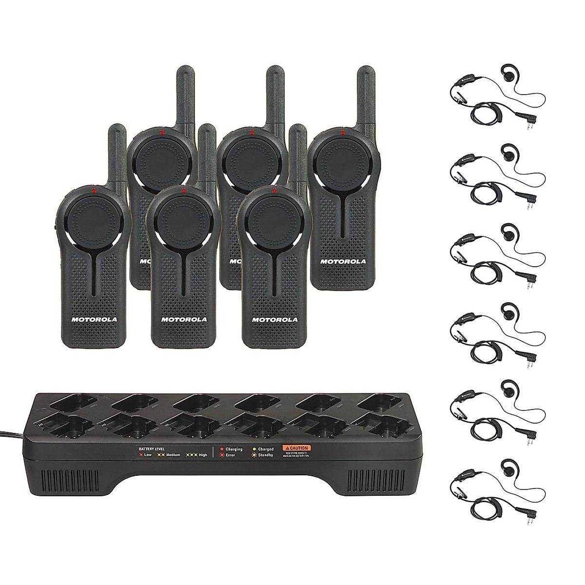 6 Pack of Motorola DLR1060 Radios with 6 Push to Talk (PTT) earpieces and a 12 Pocket Radio Charger