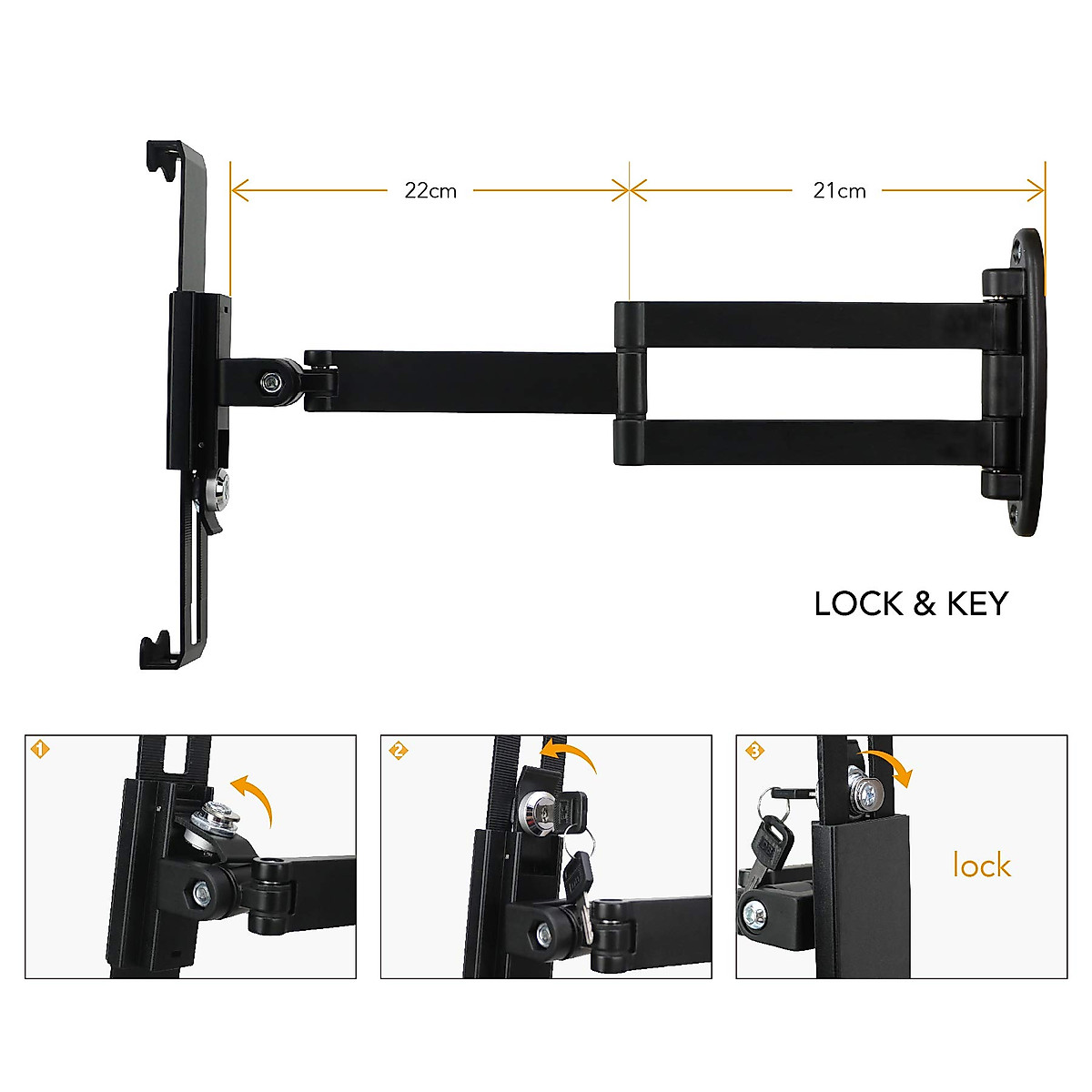 WeSTRUGGLE Tablet Wall Mount, Adjustable Arm Swivel, Anti-Theft Security Lock & Key, Foldable, 360 Rotating, Black