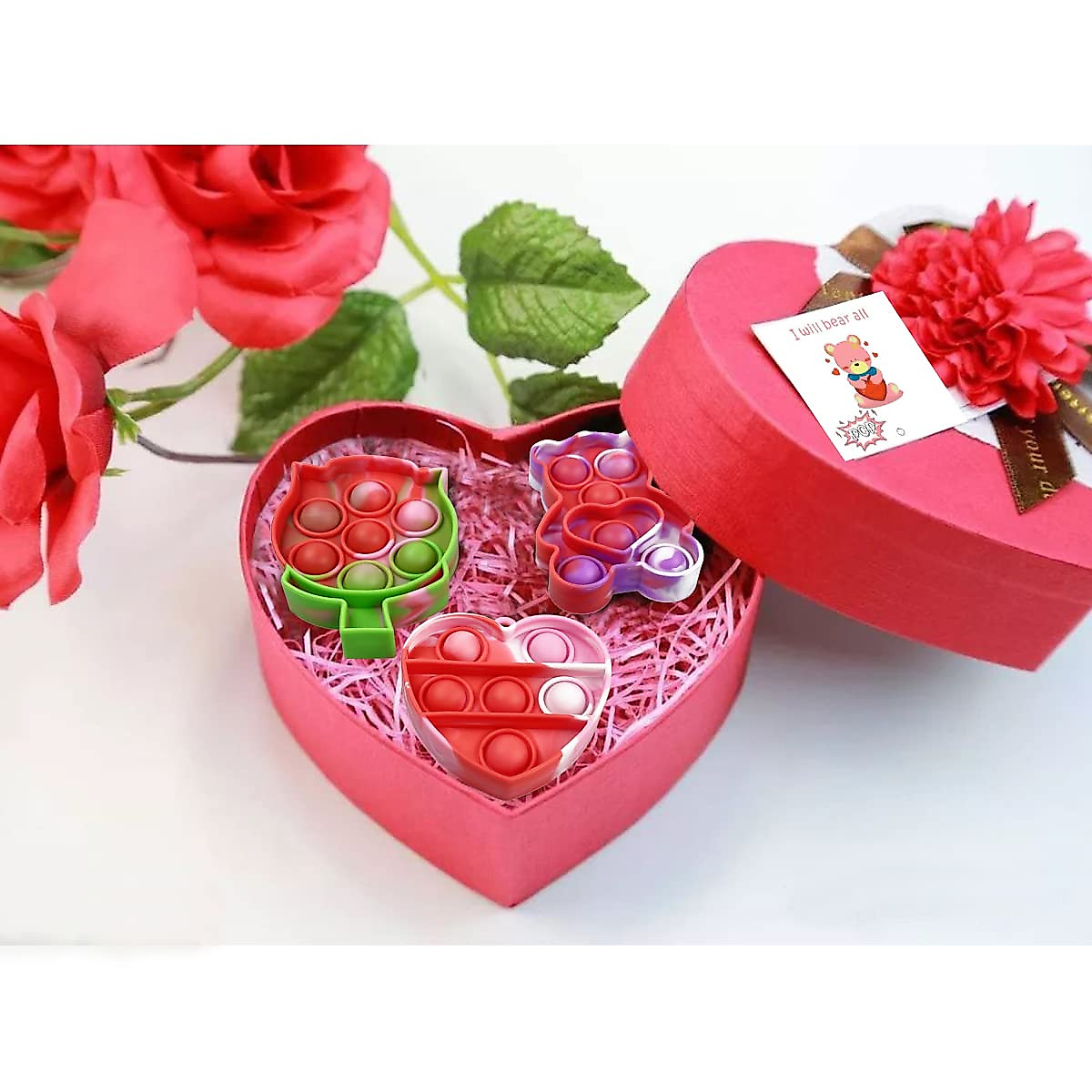 Pinkiwine 12 Pack Colorful Mini Valentines Fidget Sensory Pop Toys with Cards for Kids School Class Classroom Valentines Day Cards Gifts Prizes Party Favors