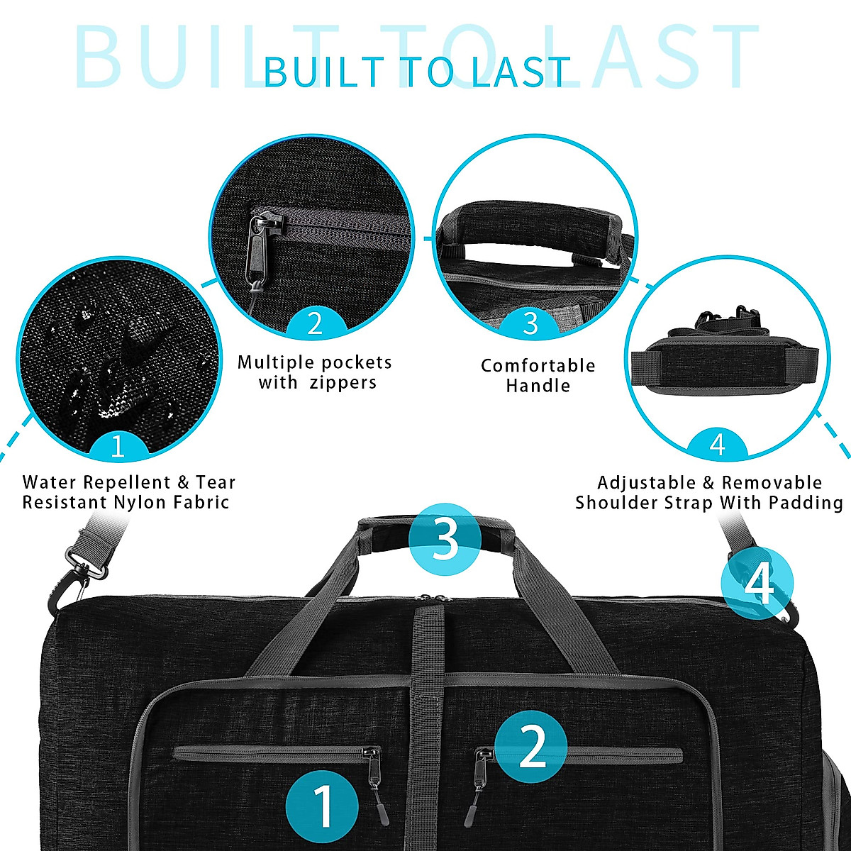 Travel Duffle Bag for Men, 65L Foldable Travel Duffel Bag with Shoes Compartment Overnight Bag for Men Women Waterproof & Tear Resistant (Black)