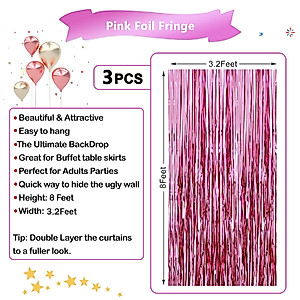 Mtkocpk Pink Streamers Backdrop Party Decorations - 8x3.2 Feet 3-Pack Foil Fringe Curtain Decor - Perfect for Children's Birthday Party, Women's Party, Sweet Wedding, and Pink Theme Party Decorations