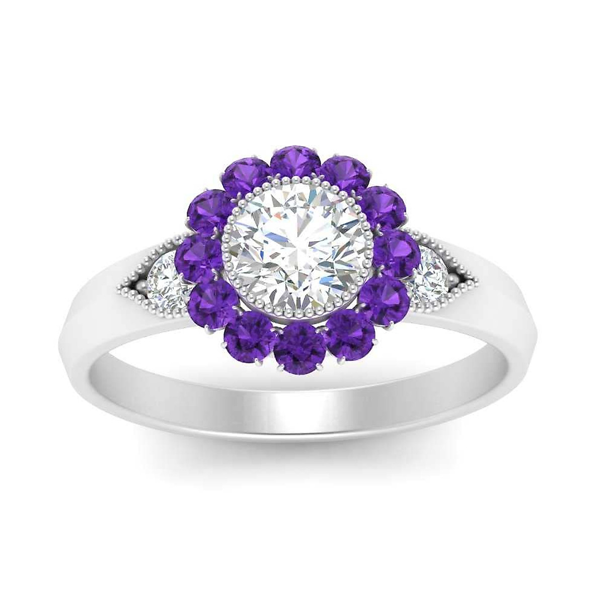 Gemsonclick Delicate Victorian Round Antique Engagement Ring sterling silver Natural Amethyst Round shape purple color Halo Engagement Rings prong setting. in Size 11 Birthstone