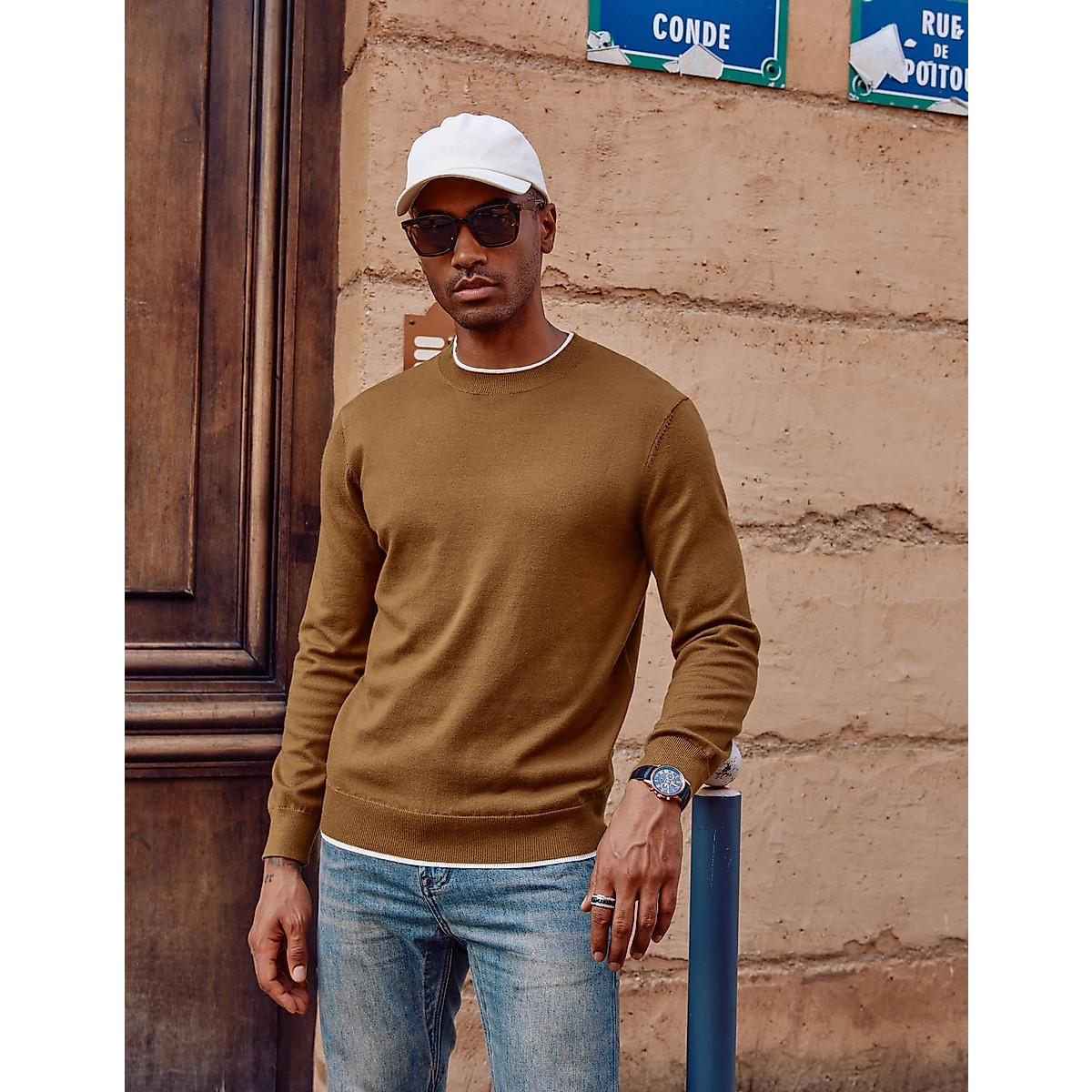 PJ PAUL JONES Mens Casual Crew Neck Sweater Long Sleeve Knitted Sweater Solid Color Wool Knitted Sweater Brown M