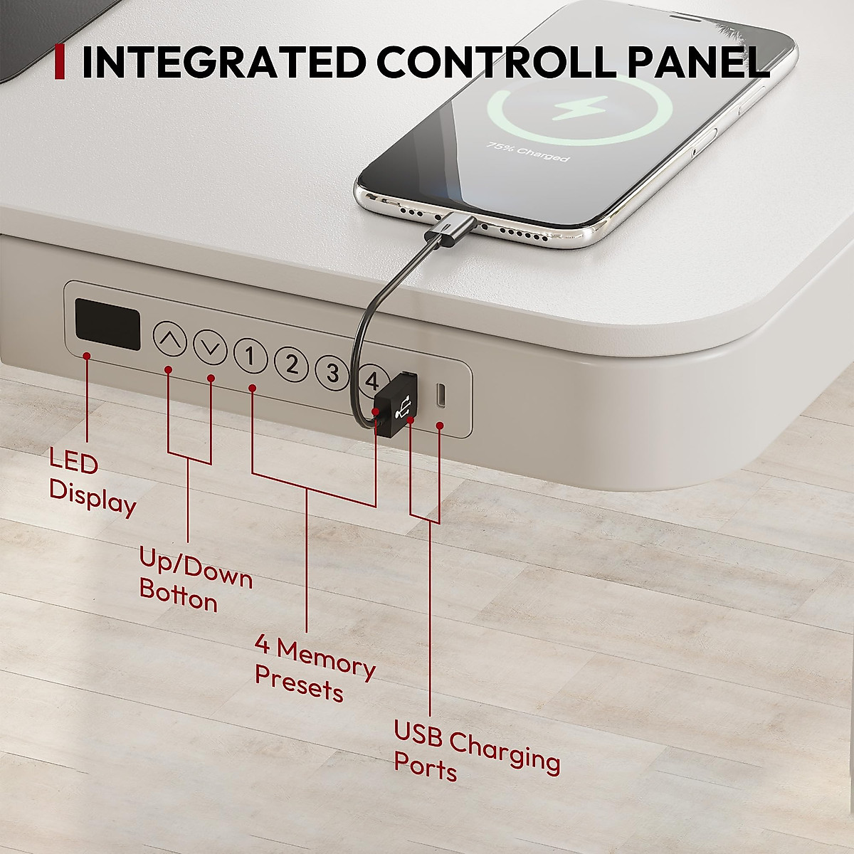 SANODESK Standing Desk with Drawer, Electric Height Adjustable Home Office Desk with Storage & USB Ports, 48 inch White Wood Tabletop/White Frame