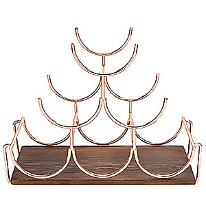 MyGift Rose Gold Wine Rack Countertop, 6 Bottle Modern Tabletop Metal Wire Stacked Wine Holder Stand with Burnt Wood Base
