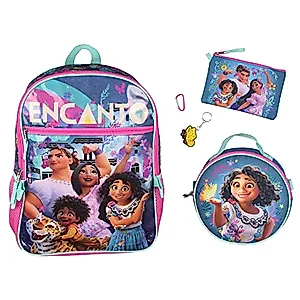 Bioworld Disney Encanto 5 Pc Backpack Set Lunch Box Pencil Case Keychain and Carabiner