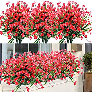 ArtBloom 20 Bundles Outdoor Artificial Fake Flowers UV Resistant Shrubs Plants, Faux Plastic Greenery for Indoor Outside Hanging Plants Garden Porch Window Box Home Wedding Farmhouse Decor (Red)