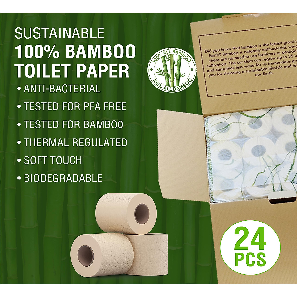 Bamboo Story Premium Bamboo Toilet Paper, PFAS Free, Chemical Free Toilet Paper, Unbleached, (24) 3PLY & 300 Sheets, FSC Certified, Organic Brown, Plant-Based, Tree-Free, Plastic Free, BPA Free (24)