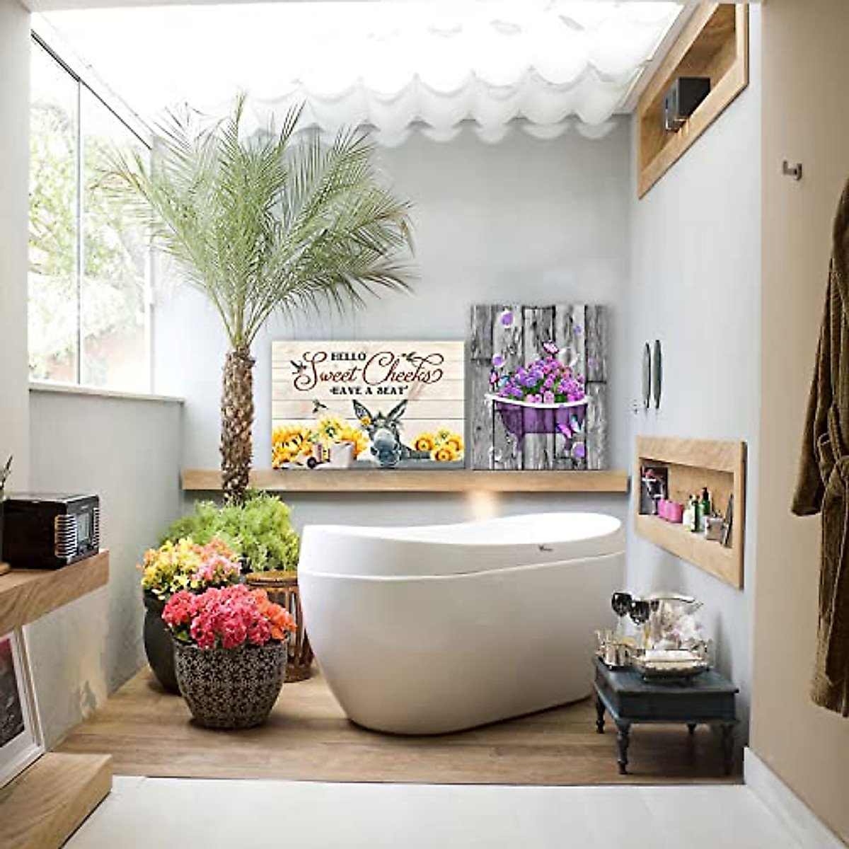 Farmhouse Donkey Wall Art for Bathroom Funny Donkey Birds Wall Decor Have a Seat Sunflower Pictures Print Painting Rustic Farm Flower Framed Artwork Canvas Home Decor for Bedroom Living Room 12"x16"