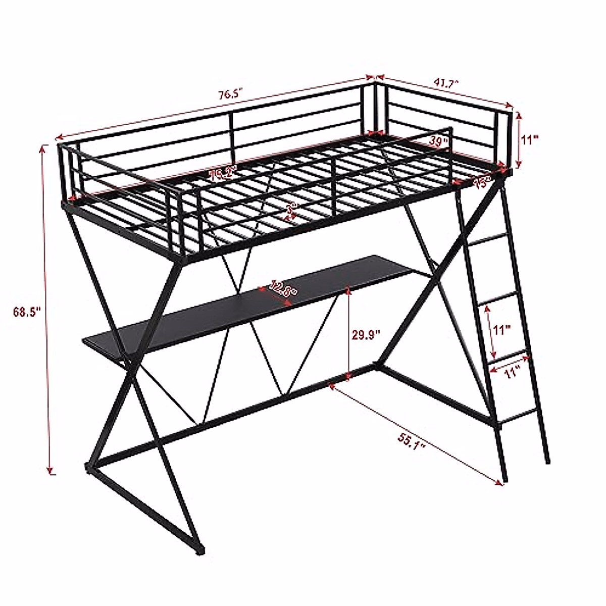 DEYOBED Twin Size Metal Loft Bed with Desk, X-Shaped Frame, Ladder, and Guardrails, Space-Saving Kids' Bedroom Furniture, Black