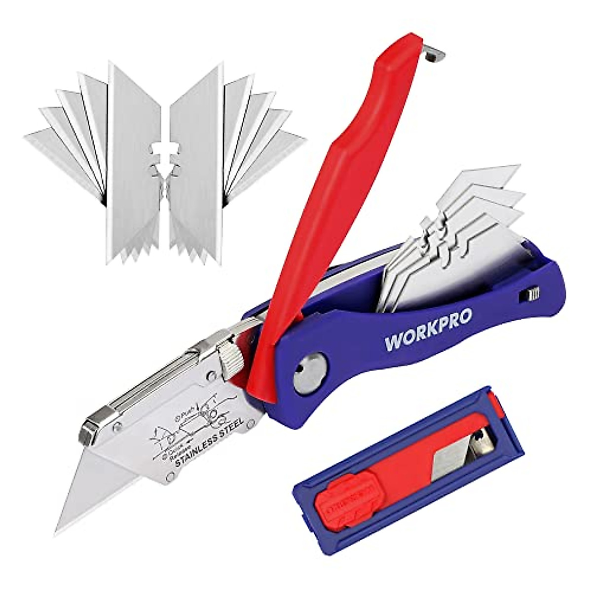 WORKPRO Folding Utility Knife, Quick-Change Box Cutter with Blades Storage Design, Premium SK5 Razor Knife for Cartons, Cardboard, and Boxes, Extra 15-Piece Blades Included