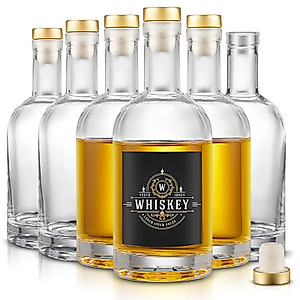 Mfacoy Set of 6 Glass Bottles, 12 oz Clear Liquor Bottles, Heavy Base Glass Bottles with T-Top Cap, Vodka Bottles for Wine Beverages Drinks Oil Vinegar Kombucha Beer with Cork Stopper Airtight Lid