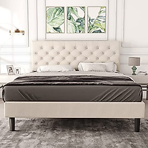 Catrimown Queen Size Upholstered Linen Platform Bed Frame with Button Tufted Headboard, Strong Wood Slat Support, Mattress Foundation, No Box Spring Needed, Easy Assembly, Beige