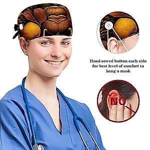 Happy Thanksgiving Acorns Bouffant Working Cap with Ribbon Tie for Women Long Hair, Scrub Surgical Hat, One Size Head Cover