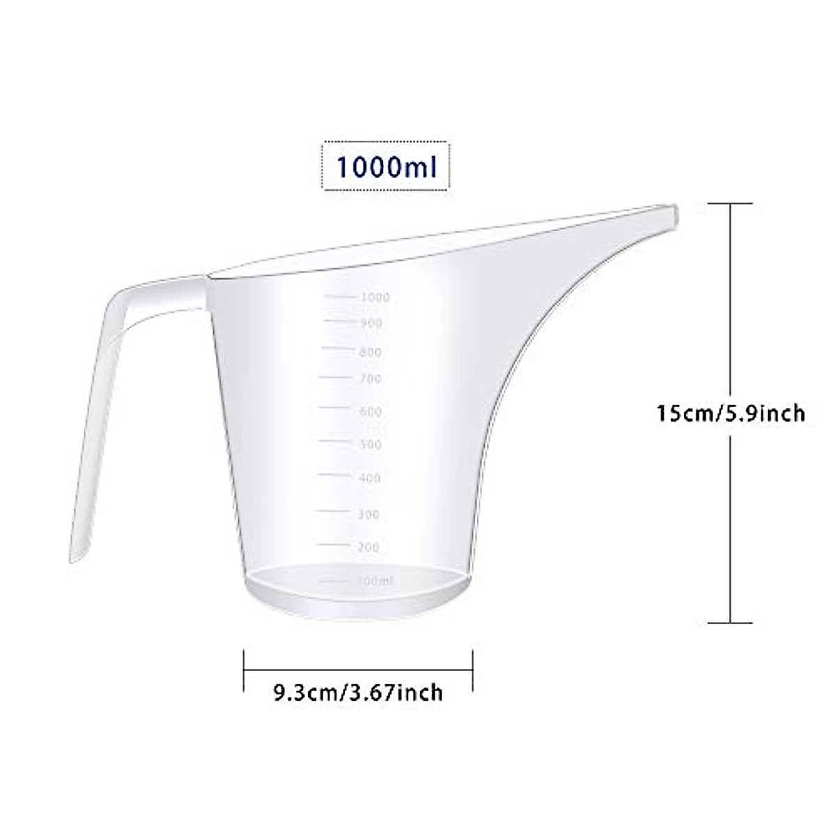 Fireboomoon 4 Pack Plastic Funnel Pitcher,Large Capacity Long Spout Measuring Cup for Bakeware Molds,Pancake,Batter,Muffin,Cakes,Soap Making(4 Cups/32 Ounces/1000 ml)