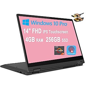 Lenovo Flex 5 14 2-in-1 Business Laptop 14" FHD IPS Touchscreen AMD Quad-Core Ryzen 3 4300U (Beats i7-10510U) 4GB RAM 256GB SSD AMD Radeon Graphics HDMI USB-C Dolby Win10 Pro Grey + HDMI Cable