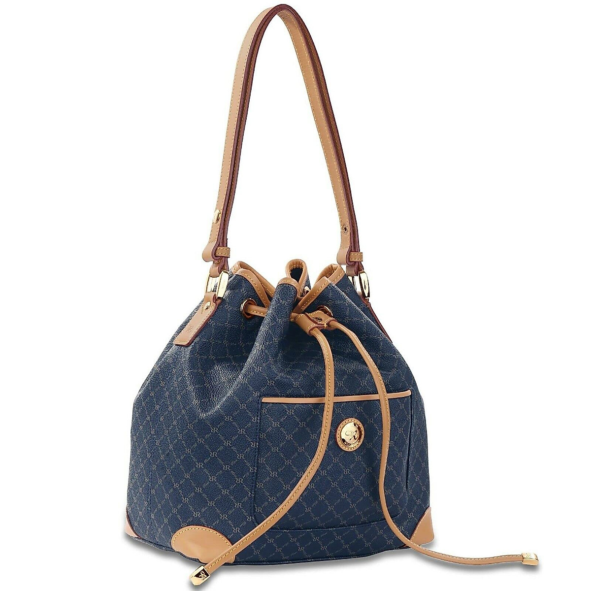 Rioni STA-20089 Designer Signature Navy Blue Canvas Leather Drawstring Bucket Bag Shoulder Bag