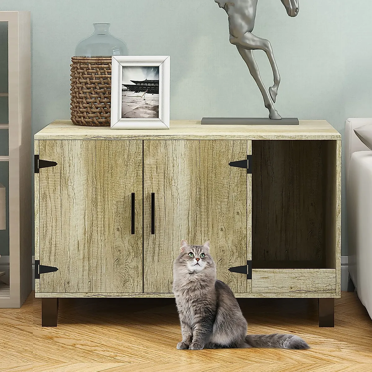 TaoHFE Litter Box Enclosure Cat Litter Box Furniture Hidden with Cat Scratch Pad Decorative Farmhouse Wooden Cat Box Furniture Litter Box Cabinet,Oak