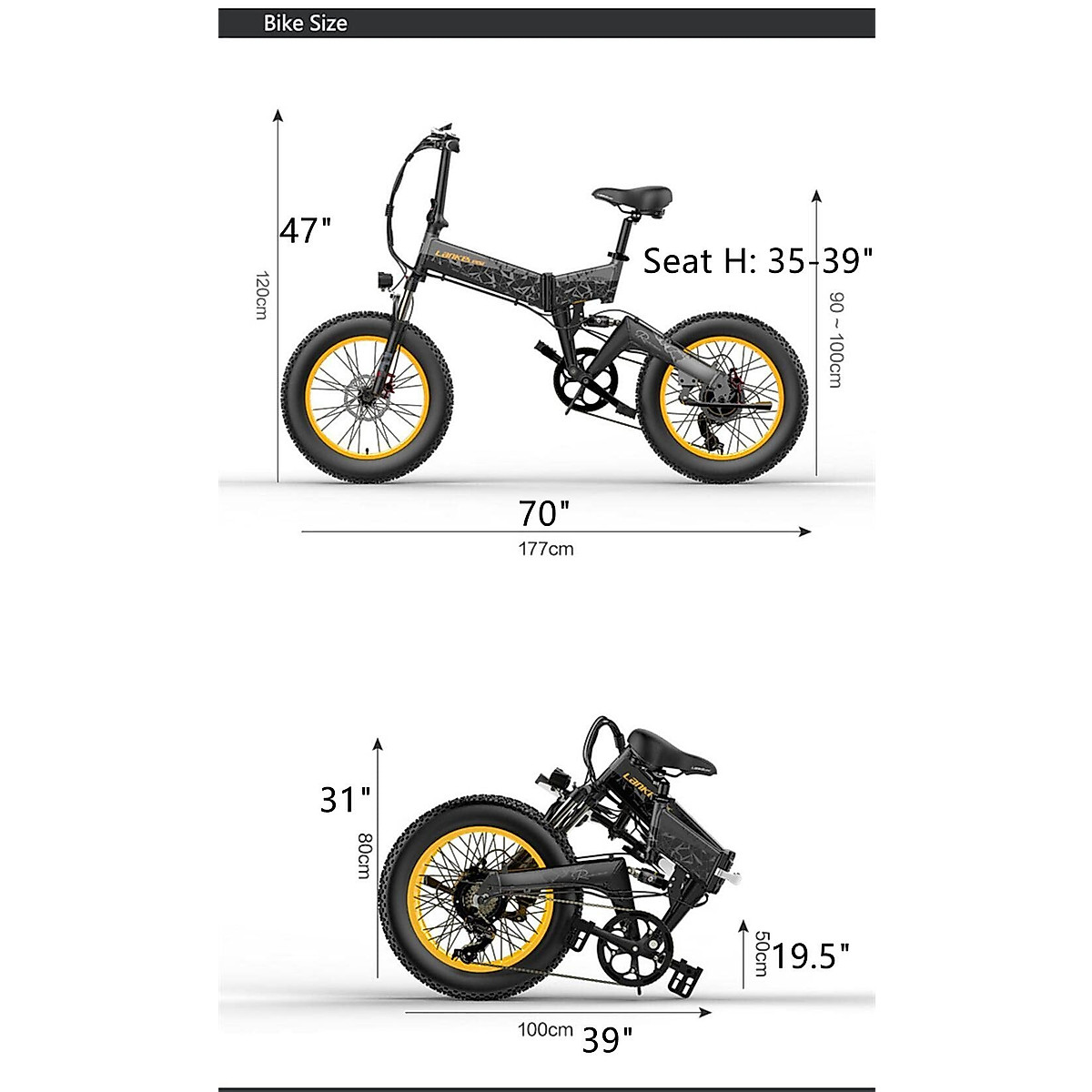 iRonsnow Lankeleisi 20" Fat Tire Electric Bike, 1000W Motor Folding Bicycle 28MPH 90NM - 7 Speed E Snow Mountain Ebike 48V 17.5Ah Lithium Battery E-Bike