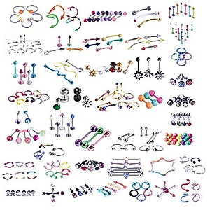 BodyJ4You 120PC Body Piercing Jewelry Lot - Ear Tragus Cartilage Daith Nose Septum Lip Belly Button - 14G 16G 18G RANDOM Mix - Horseshoes Rings Barbells Studs Industrial - Unisex Male Female