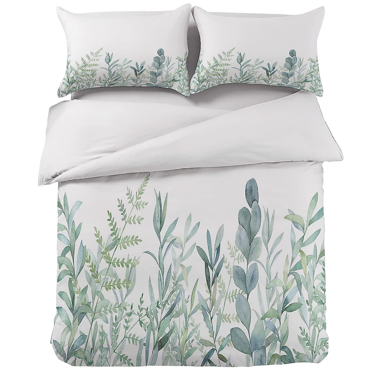 Yun Nist King 4 Piece Bedding Set Summer Eucalyptus Leaf Green Leaves,Soft Breathable Duvet Cover and Pillowcase,Country Farm Plants on White Washable Bed Sheets for Bedroom Dormitory Guest Room