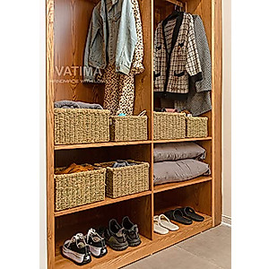 Large Wicker Storage Basket with Wooden Handles, Seagrass Baskets for Shelves, Natural Basket with Handle