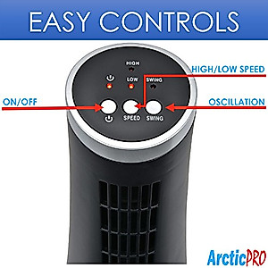 Arctic-Pro MINI DESK OSCILLATING TOWER FAN Slim and Compact Size, 2-Speed, Ultra-Quiet Operation, Convenient Carrying Handle, 75 Degrees of Oscillation For Powerful Circulation, 12 Inches, Black