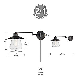 Globe Electric 51543 Nate 1-Light Plug-in or Hardwire Swing Arm Wall Sconce, Oil Rubbed Bronze, Clear Glass Shade, 6ft Black Fabric Covered Cord, Inline On/Off Rocker Switch