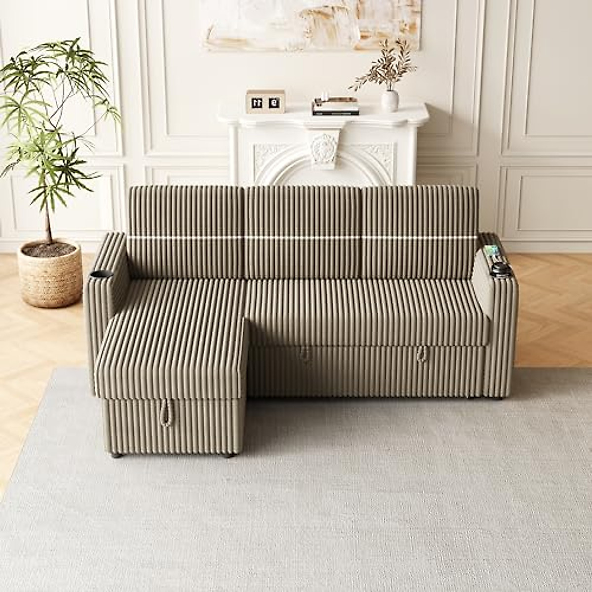 Corduroy Upholstered Reversible Sleeper Sectional Sofa with Pull Out Bed and Convertible Storage Chaise Lounge , 3 Seater Corner Couch Sofabed with 2 Cupholder and USB Charge Port for Living Room