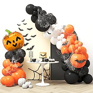 HOUSE OF PARTY Halloween Balloon Garland Kit 80 Pcs - 5/10/12/18 Inch Orange and Black White Balloon Arch with 1 Pumpkin Foil Balloon, PVC Bats & Spider Web For Halloween Party Decorations