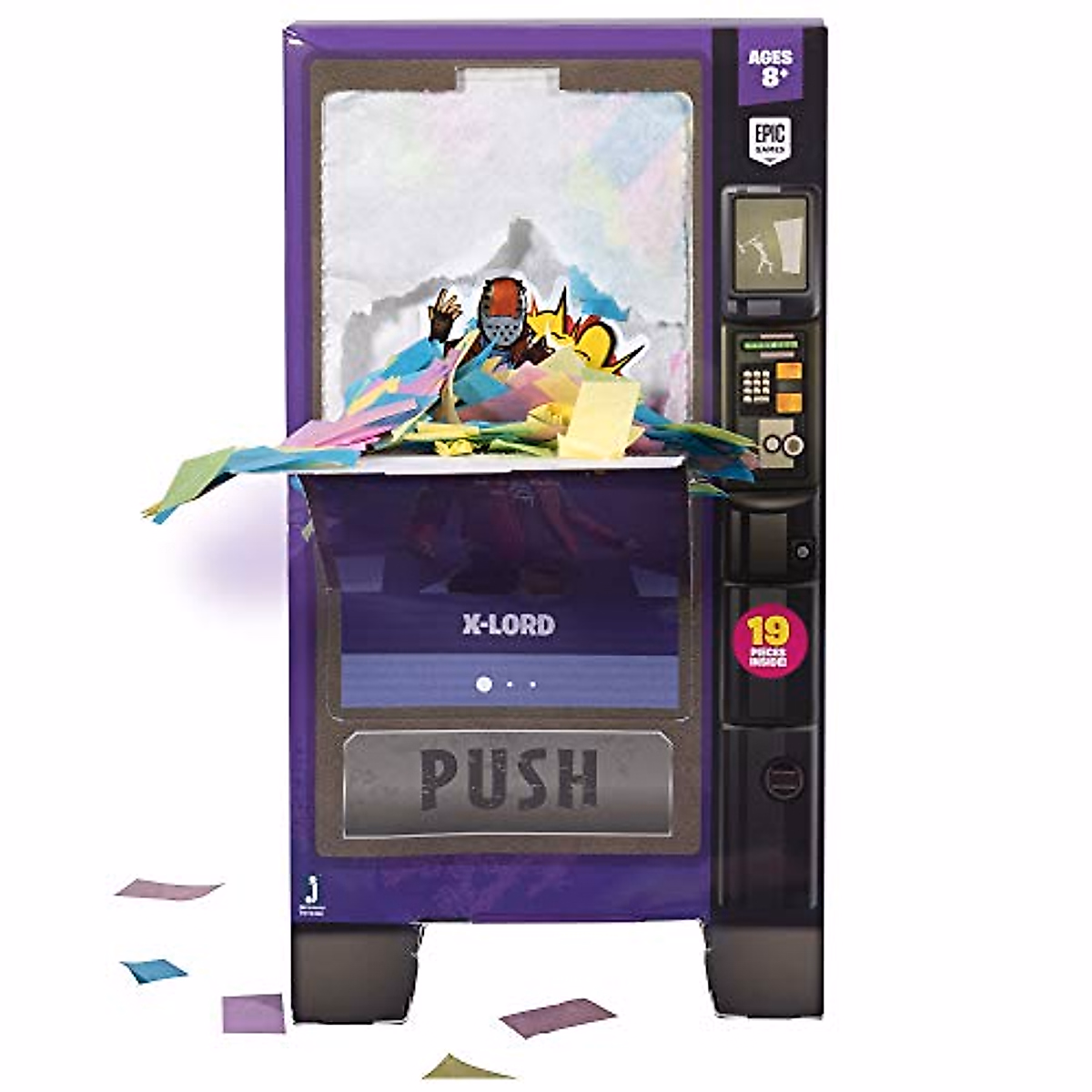 Fortnite Vending Machine, Features 4 Inch X-Lord Action Figure, Includes 9 Weapons, 4 Back Bling, and 4 Building Material Pieces