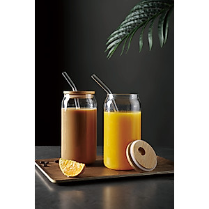 [8 Pack, 20 Oz] DESIGN•MASTER Premium Glass Cup with Bamboo Lids and Glass Straws, Can Shaped Beer Glasses, Tumbler Glasses, Perfect for Beer, Cocktail, Iced Coffee, Iced Tea and Soda.