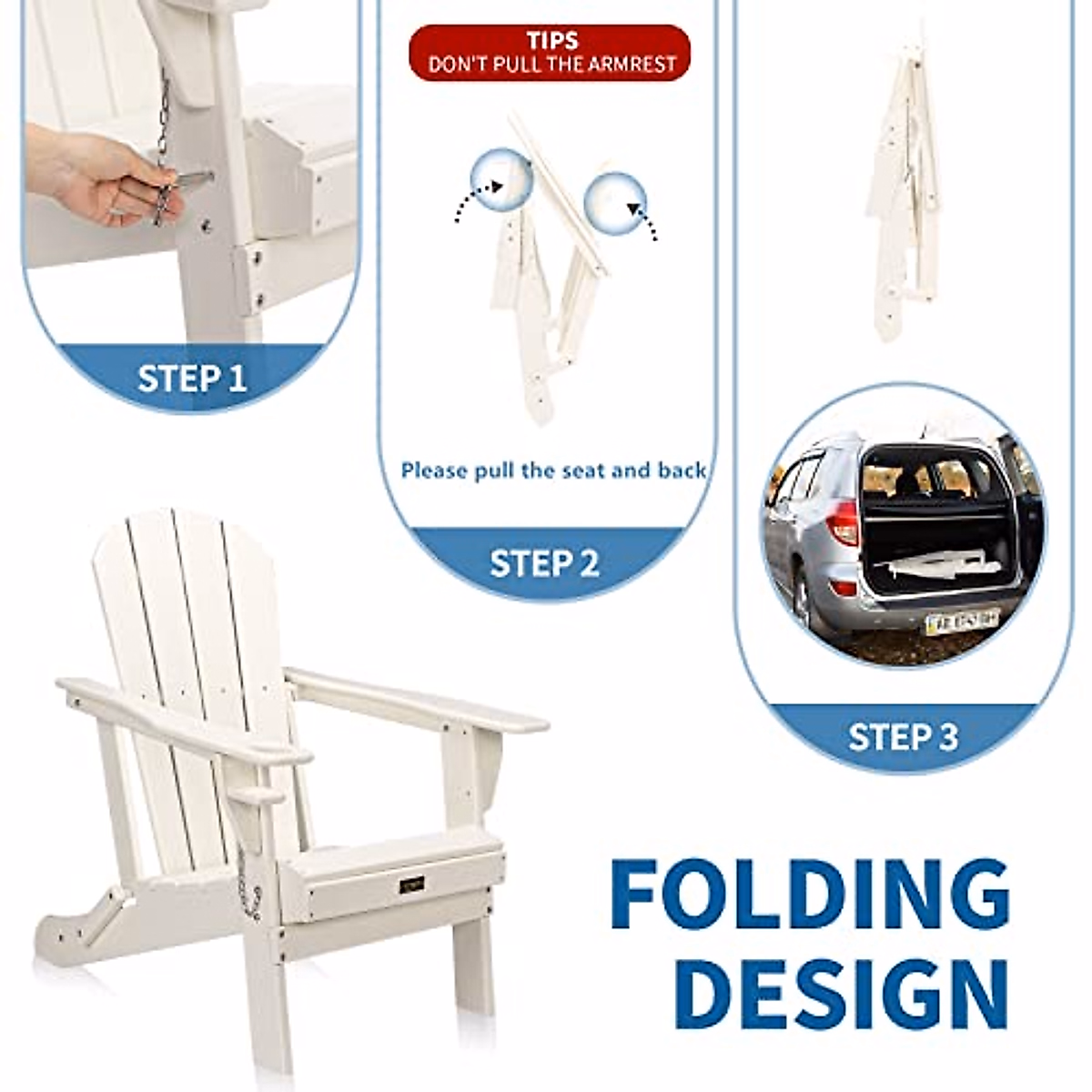 VINGLI Plastic Folding Adirondack Chair with Cup Holder, 100% Recyclable Waterproof HDPE Material, Comfortable 380lb Weight Capacity for Outdoor Pool Patio Lounge Chair Lawn Furniture Firepit (White)