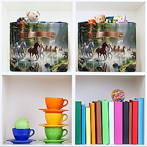 STAYTOP Large Storage Basket Collapsible Toy Storage Bins Waterproof Laundry Basket with Handle.Used for Home Closets, Offices, Bedrooms, Kids Toy and Gift Baskets-Running Horses（Rectangular）2PCS